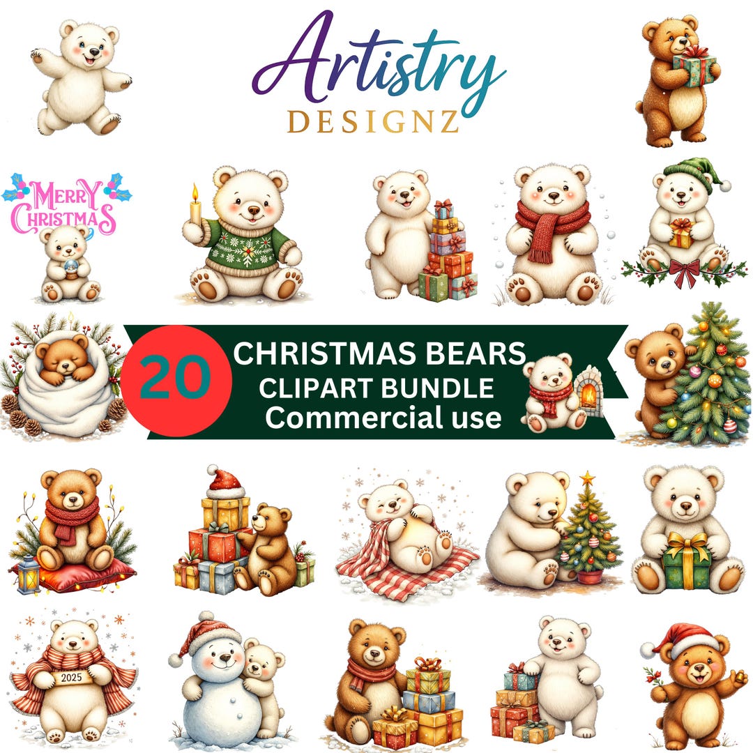 Christmas Bears Clipart Bundle | Cute Winter Bear PNG Set | Holiday ...