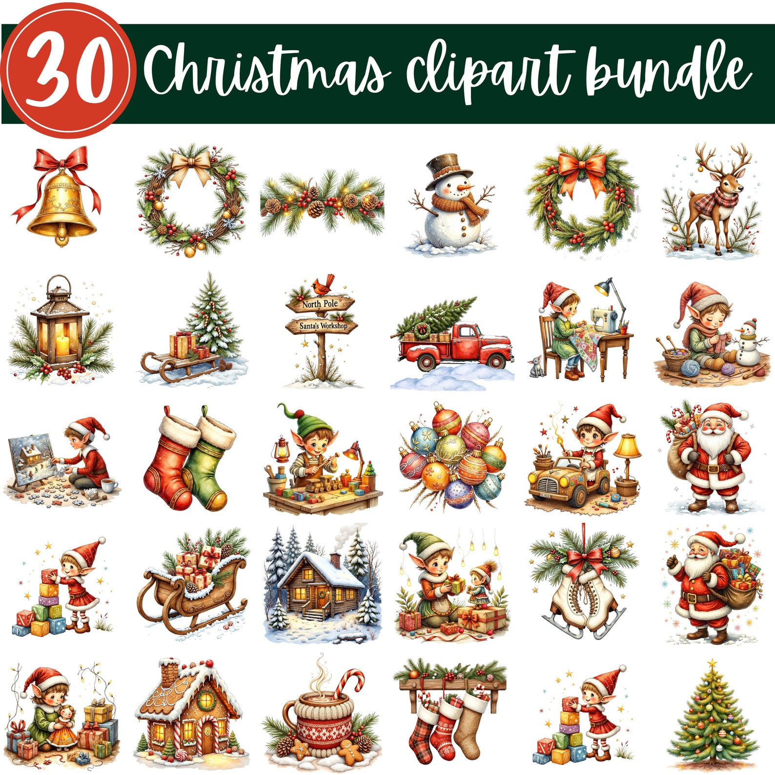 Christmas Clipart Bundle 30 PNG Santa Elves Wreath Tree Holiday Winter ...