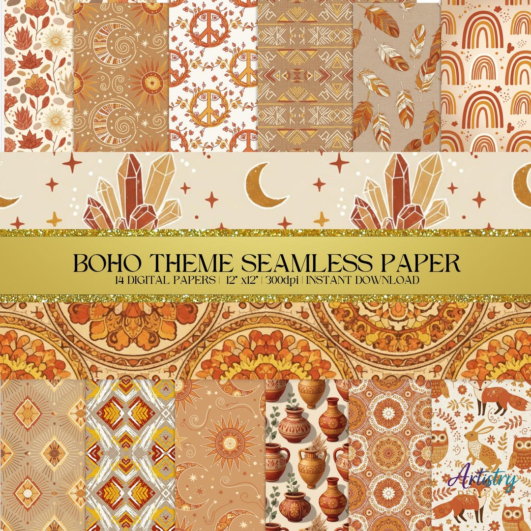 Boho Digital Paper Bundle Seamless 12x12 Backgrounds | 14 Neutral Boho ...