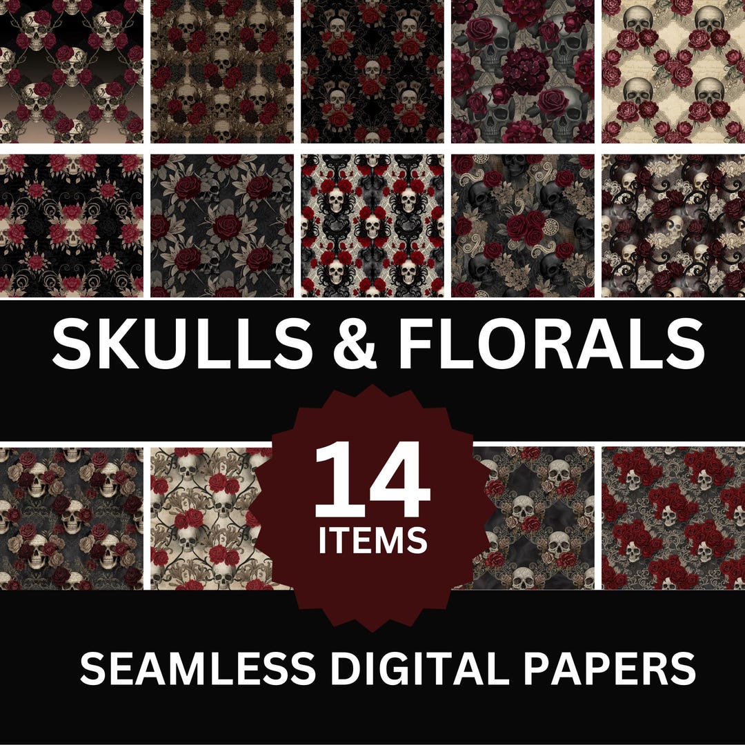 Skulls and Florals Seamless Digital Paper Pack – Gothic Skull Rose ...