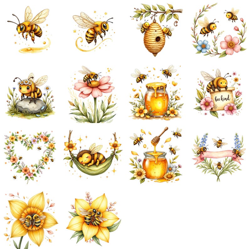 Cute Bee Clipart Bundle | Honey Bee & Floral PNG Set | Watercolor ...