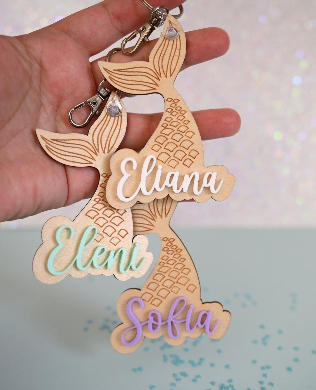 Mermaid Tail Backpack Tag / Engraved Mermaid Tail Name Keychain / Wood ...