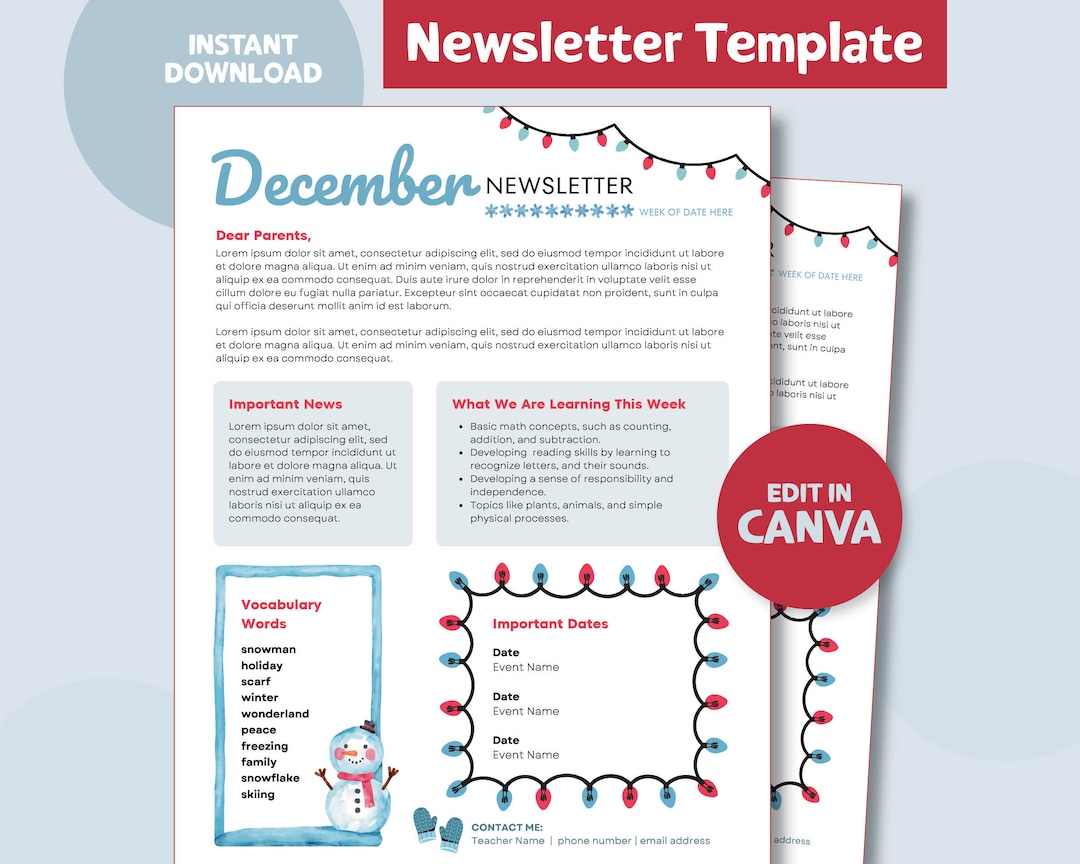 December Teacher Newsletter Template Editable in Canva, Monthly ...