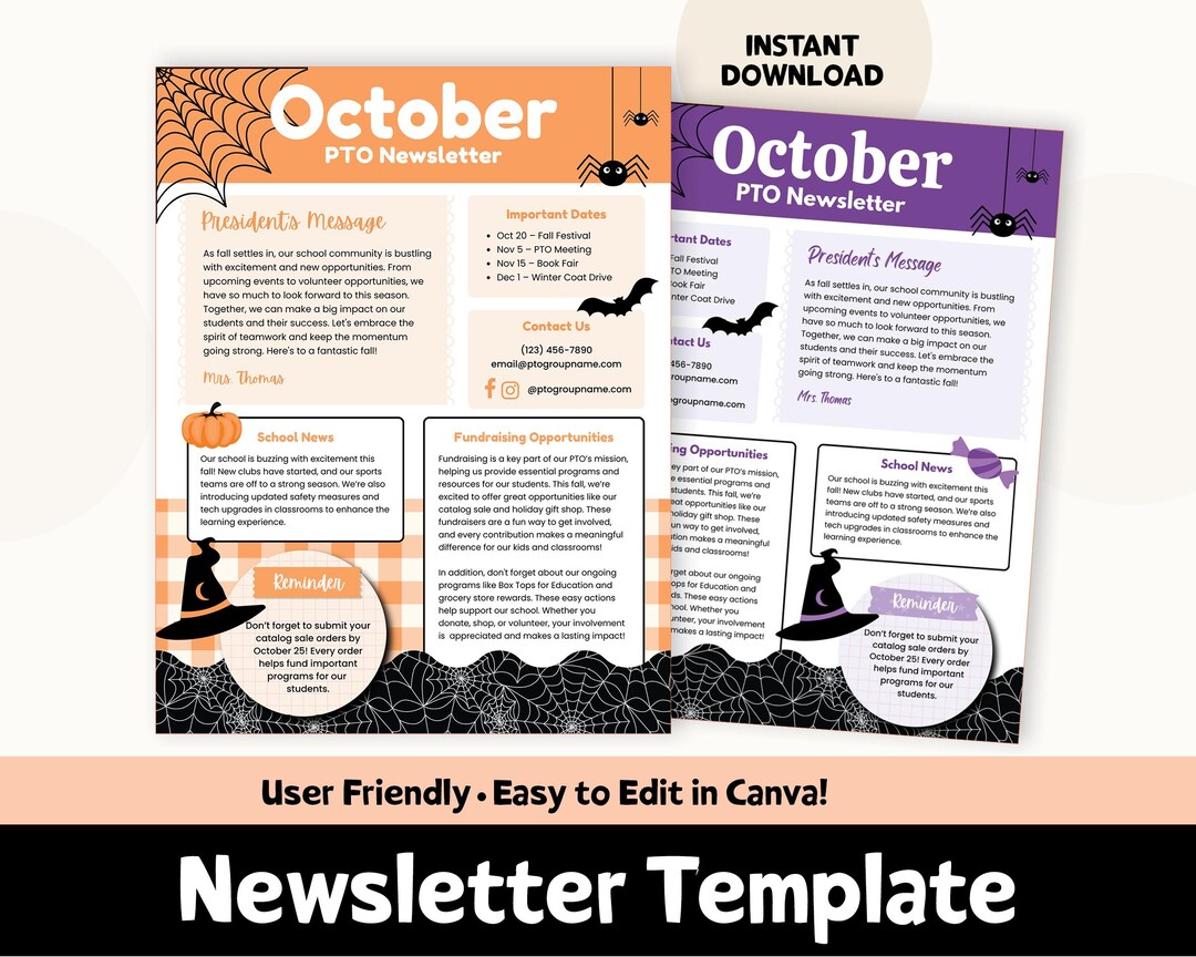 PTO Newsletter Template, PTA Newsletter Canva Template, Fall Classroom ...