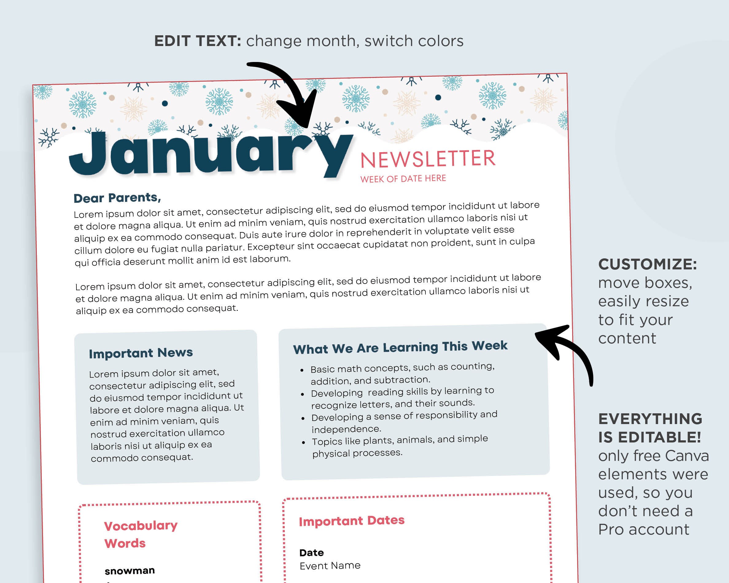 January Teacher Newsletter Template Editable in Canva, Monthly ...