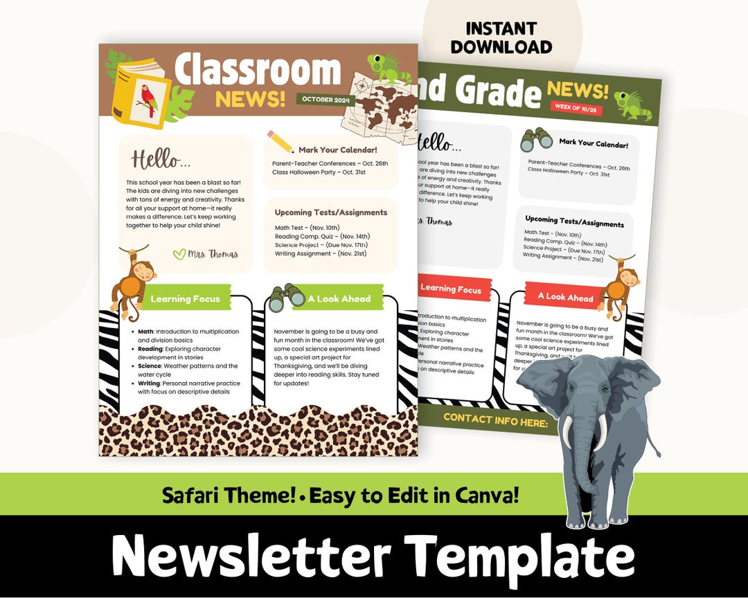 Classroom Newsletter Template Canva, Bright Teacher Newsletter, Monthly ...