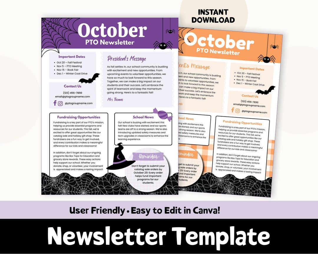 Fall Classroom Newsletter: October PTA/PTO Template (canva Editable) - Etsy