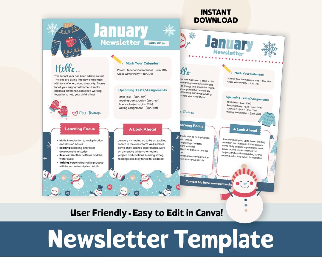 January Newsletter Template, Classroom Newsletter Template Canva ...