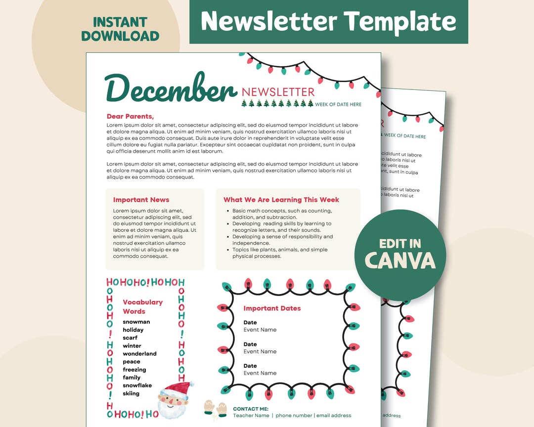 December Teacher Newsletter Template Editable in Canva, Christmas ...