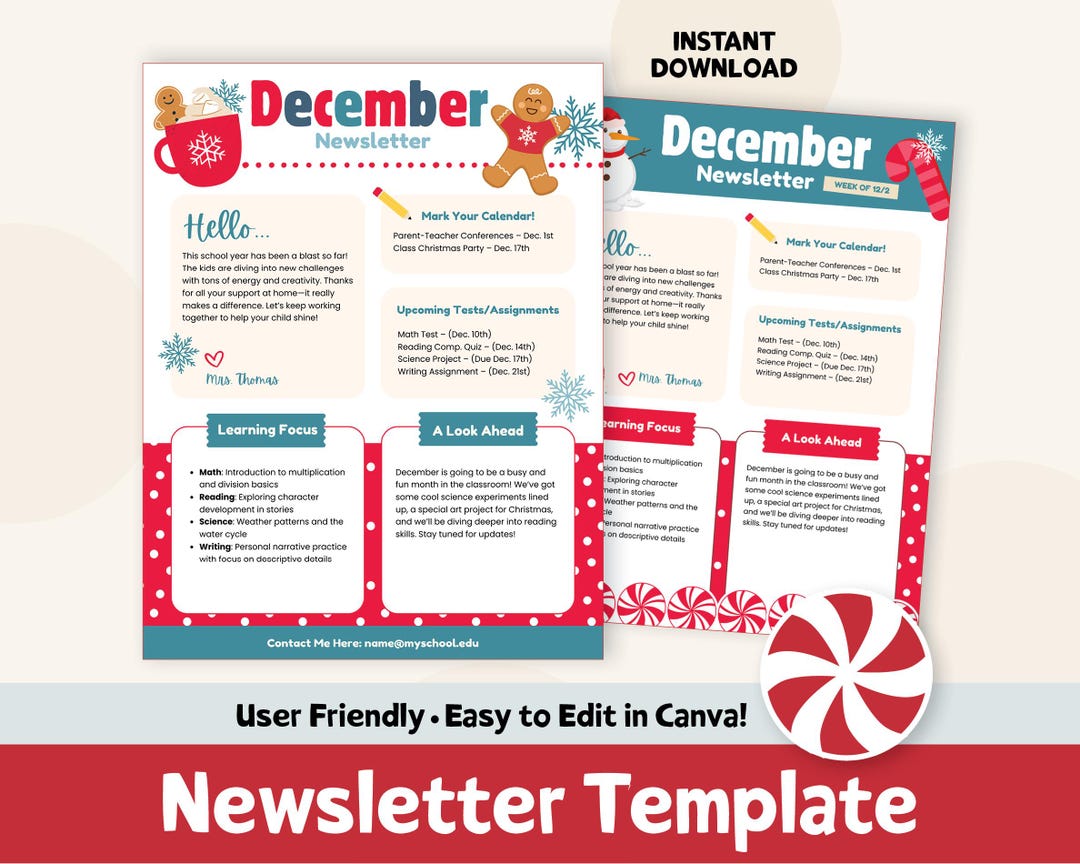 December Newsletter Template, Classroom Newsletter Template Canva ...