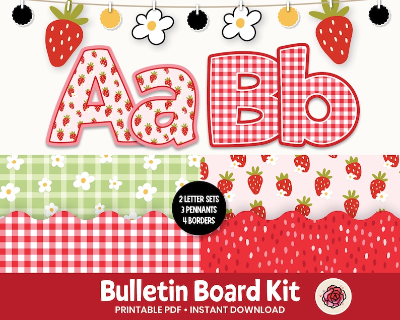 Strawberry Bulletin Board Kit, Summer Bulletin Board, Printable Border ...