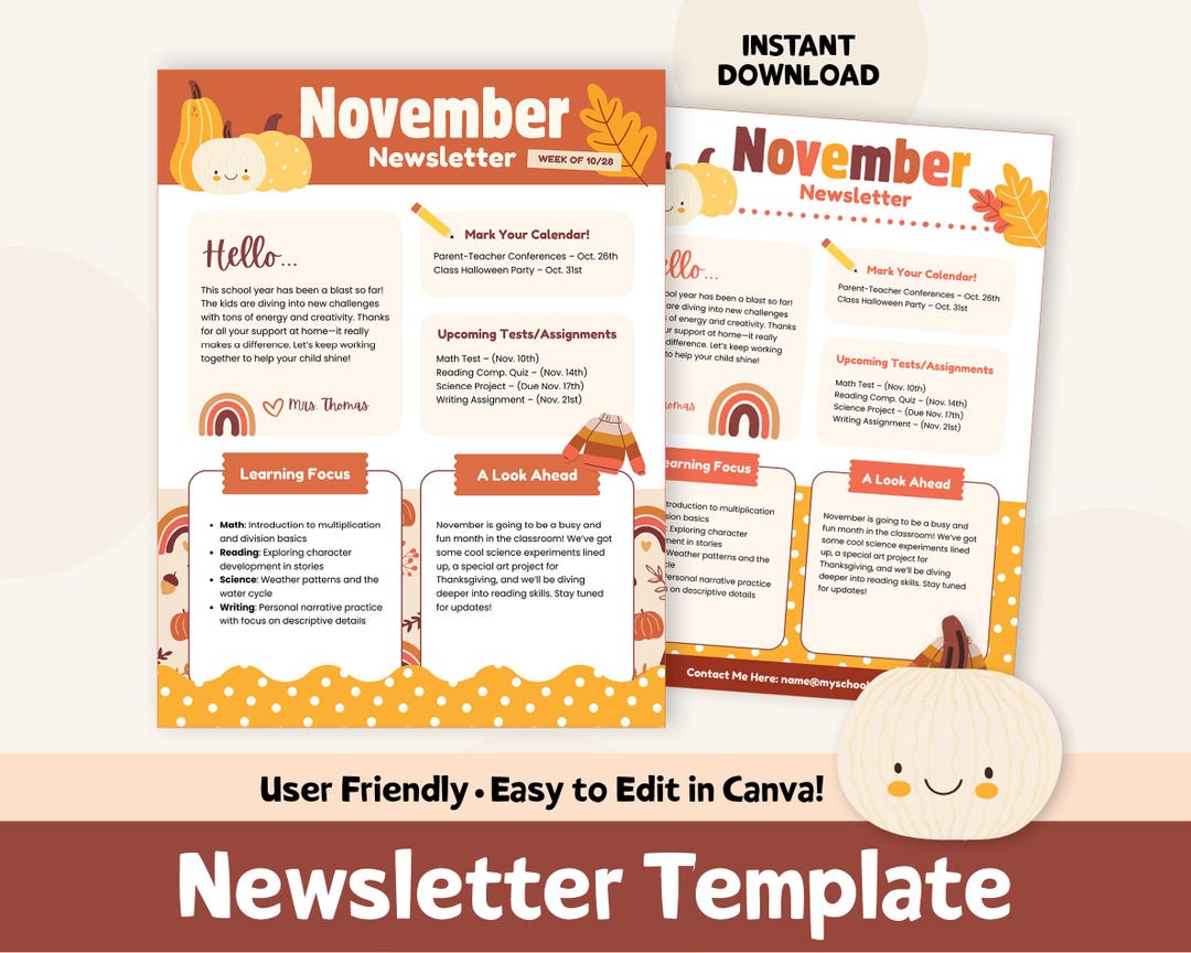 Classroom Newsletter Template Canva, November Teacher Newsletter ...