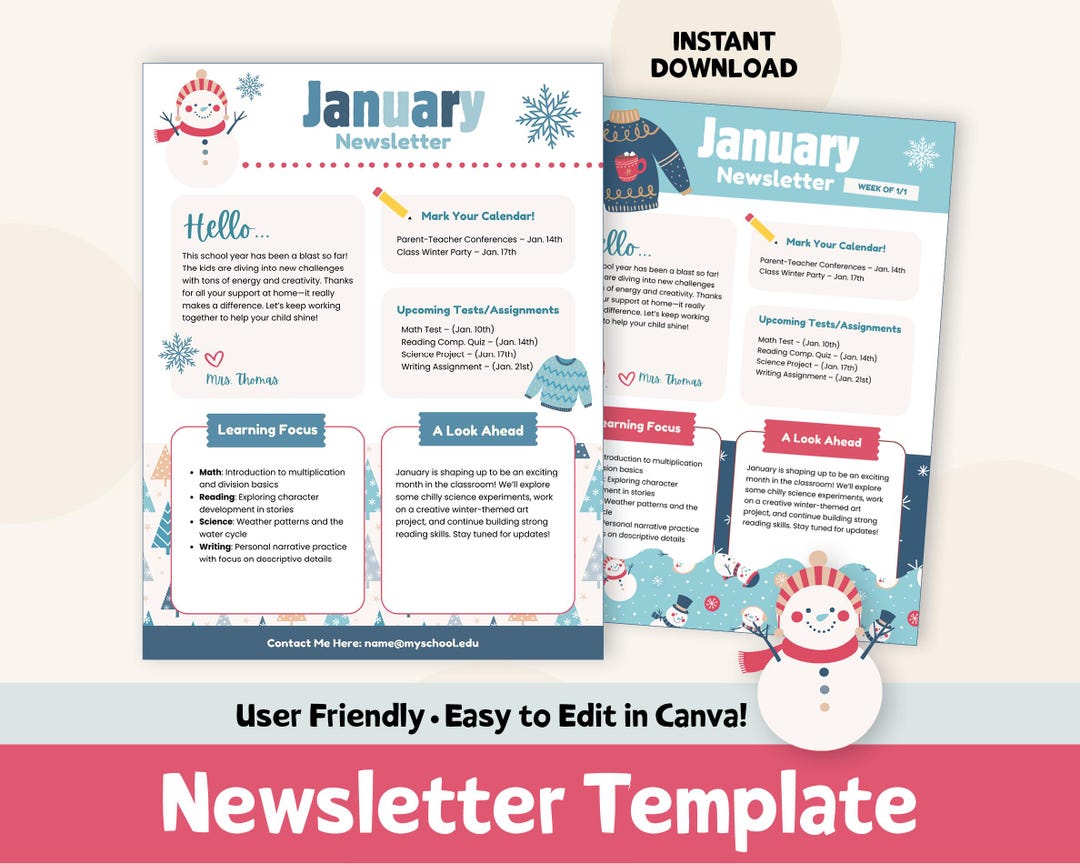 January Newsletter Template, Classroom Newsletter Template Canva ...