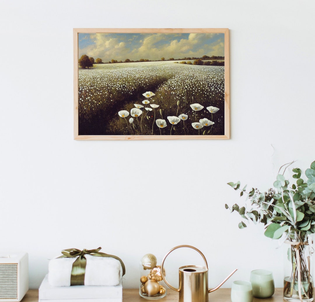 Printable White Poppy Field Landscape Oil Painting, Vintage Art Print ...