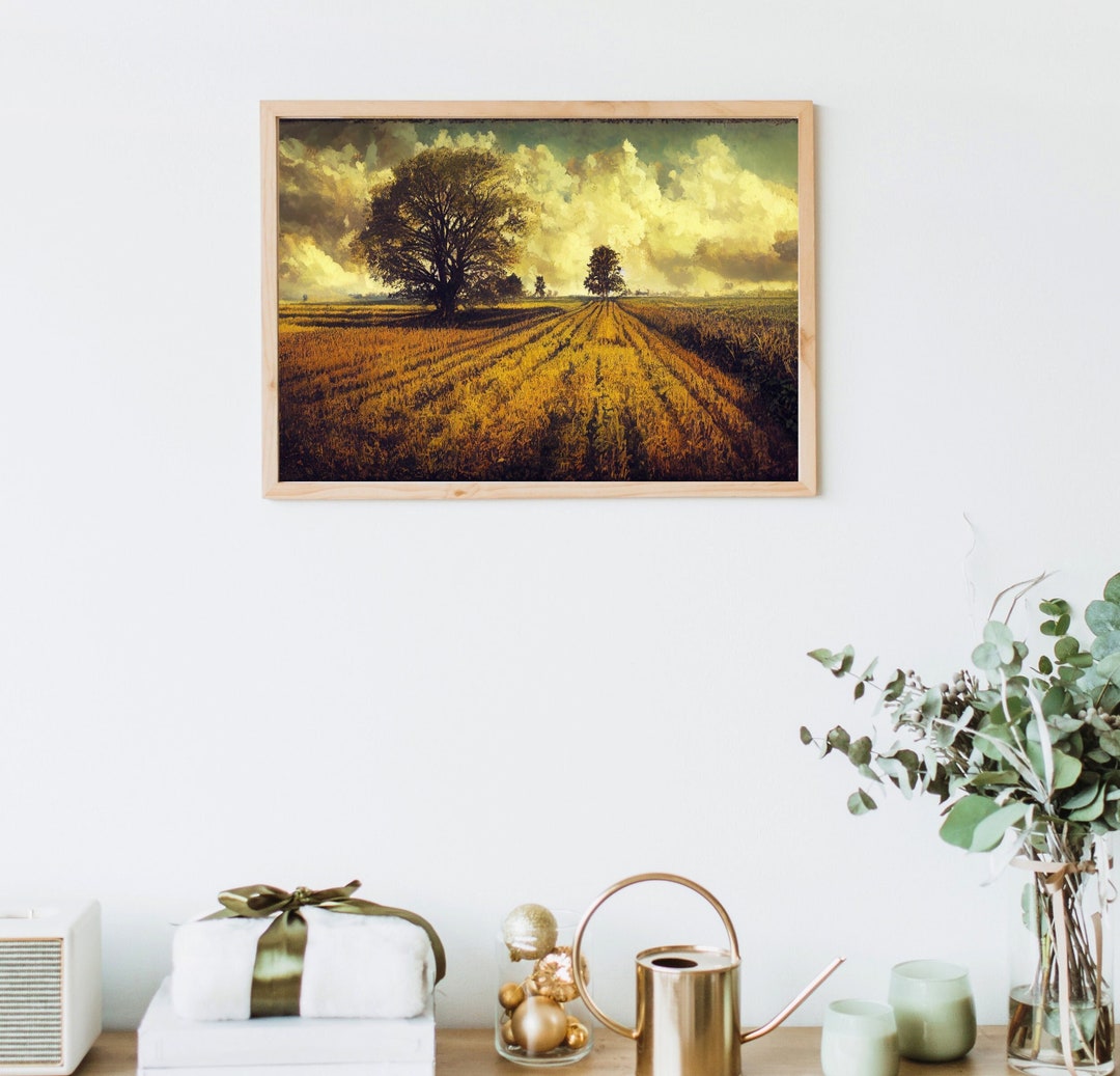 Printable Vintage Field Landscape Painting, Rustic Art Print, Country ...