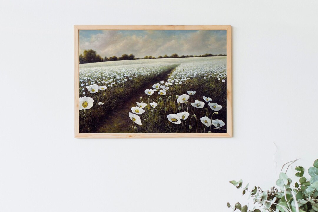 Printable White Poppy Field Landscape Oil Painting, Vintage Art Print ...