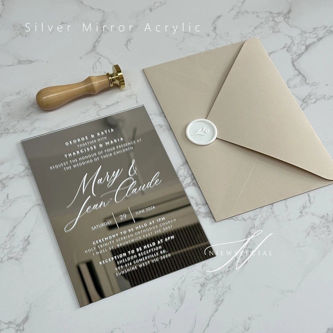 Rectangle Mirror Acrylic Invitation With Wax Seal Envelope - Etsy