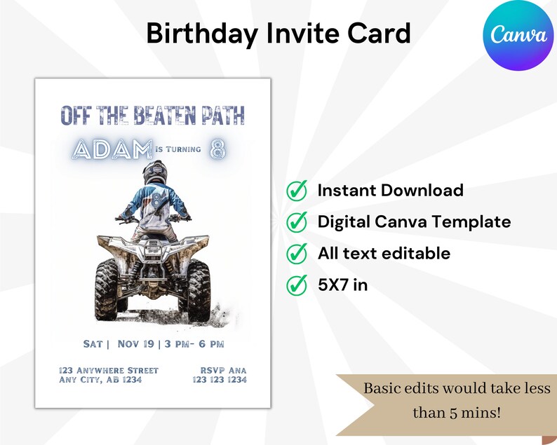 ATV Birthday Invitation: off Road Adventure, Quad Bike (digital ...
