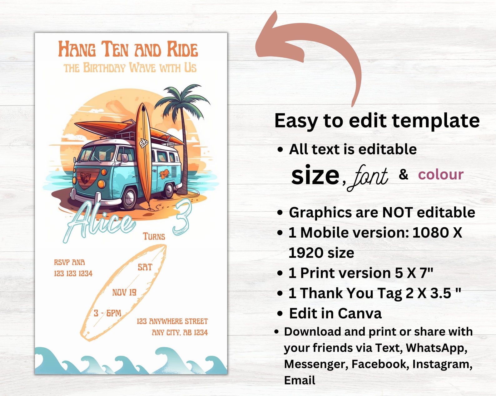 Surf Birthday Invitation: Van & Surfboard Party (digital Editable ...