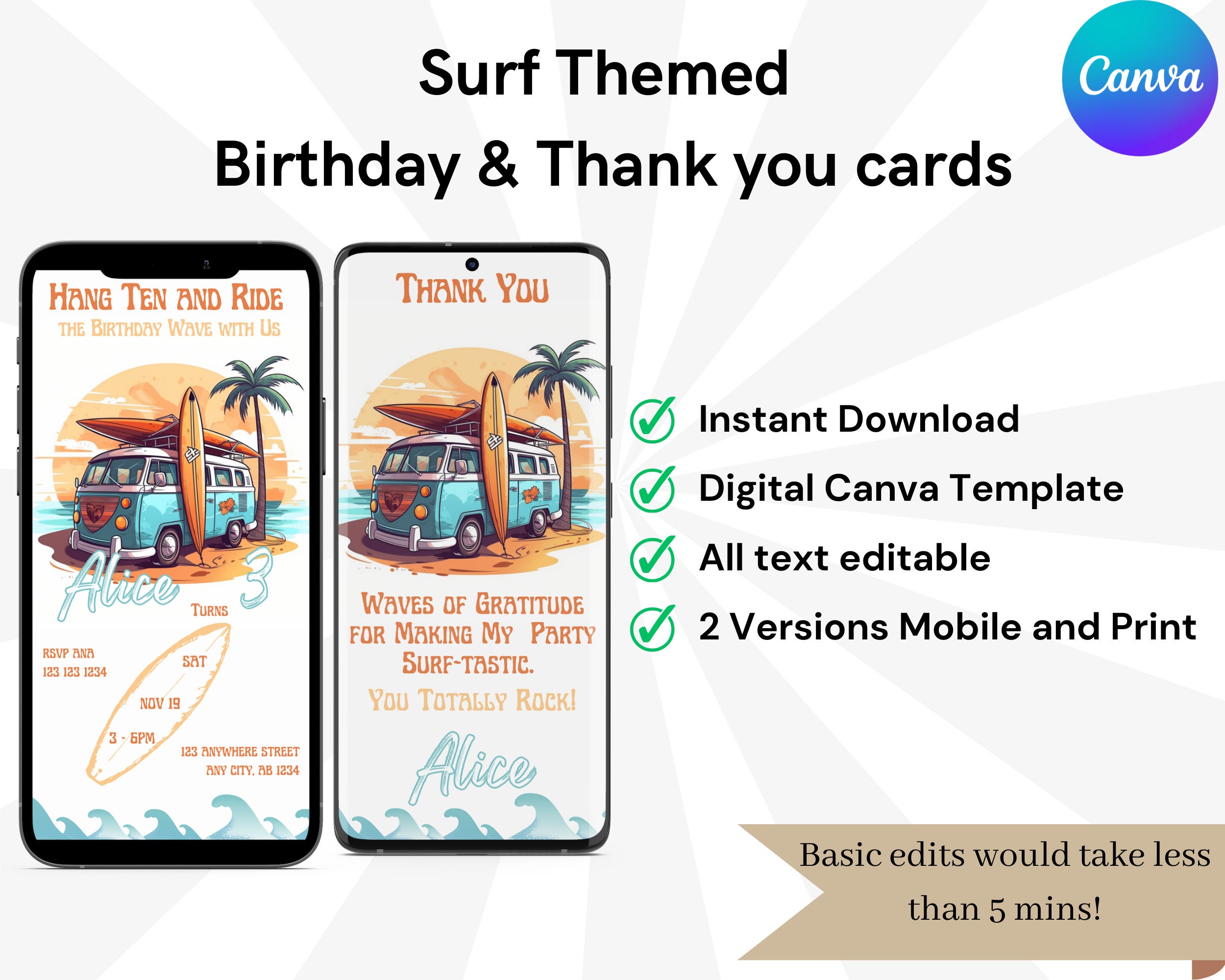 Surf Birthday Invitation: Van & Surfboard Party (digital Editable ...
