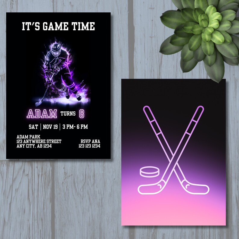 Ice Hockey Birthday Invitation: Purple & Pink, Editable (digital ...