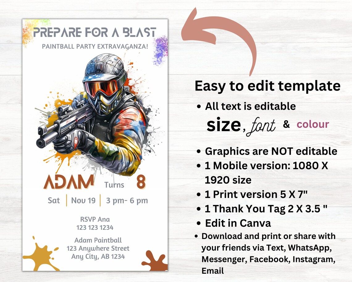 Editable Paintball Birthday Invitation, Paint Ball Party Invite ...