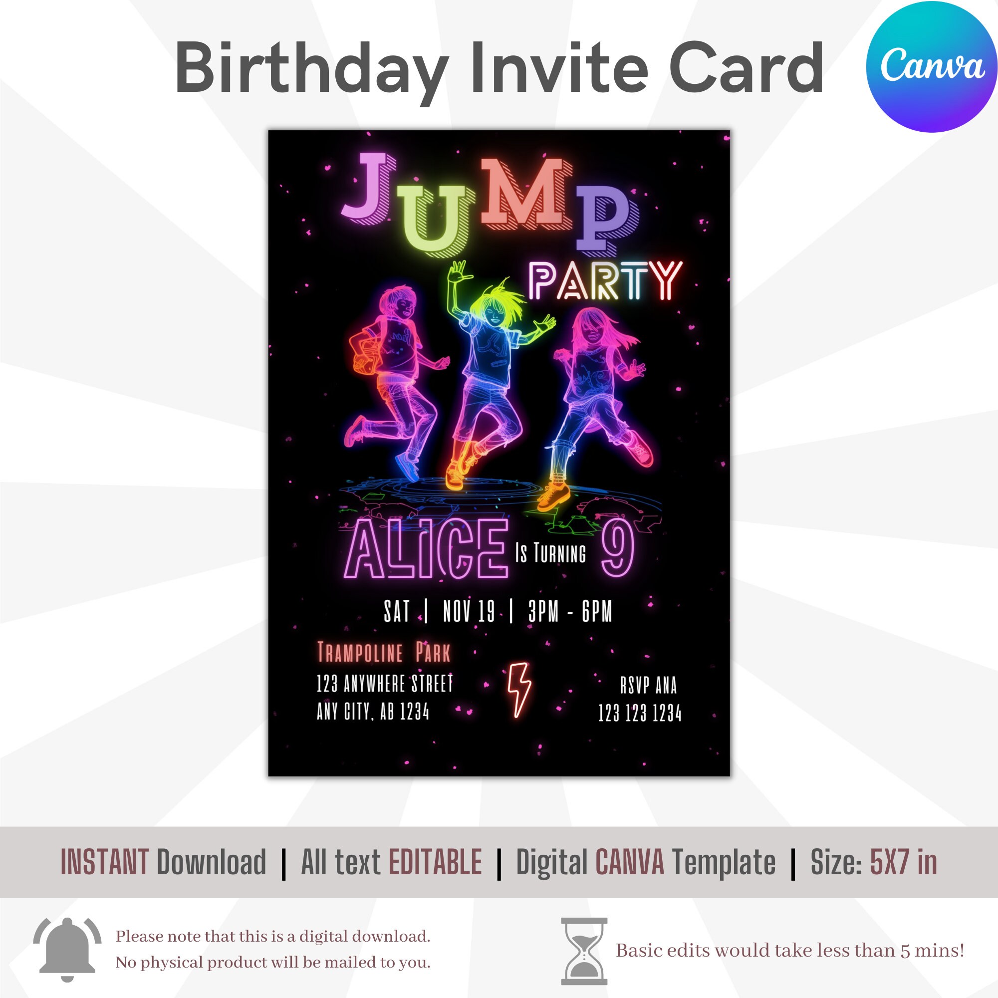 Jump Birthday Invitation, Trampoline Party Invite, Neon Glow Jump, Let ...