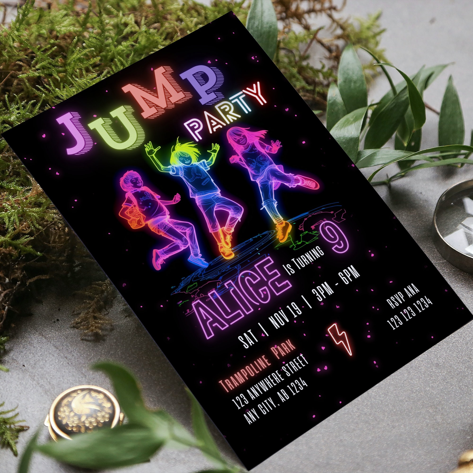 Jump Birthday Invitation, Trampoline Party Invite, Neon Glow Jump, Let ...