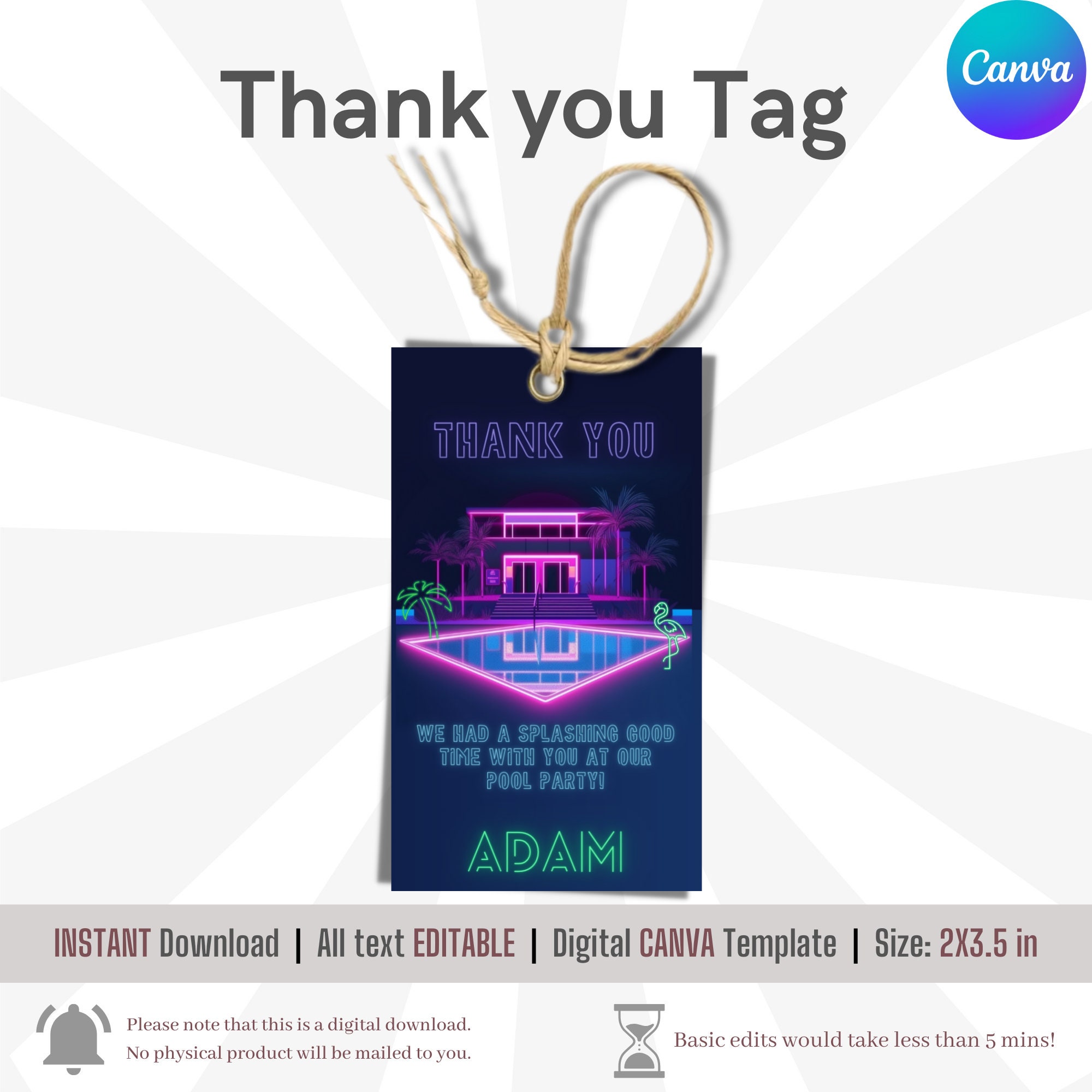 Thank You Tag Neon Pool Party Glow Pool Birthday Party - Etsy