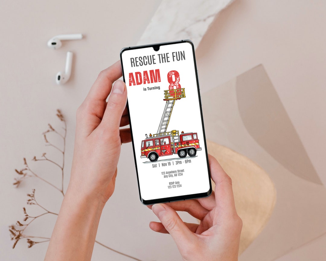 Mobile Fire Truck Birthday Invitation, Fire Fighter Rescue Invite ...