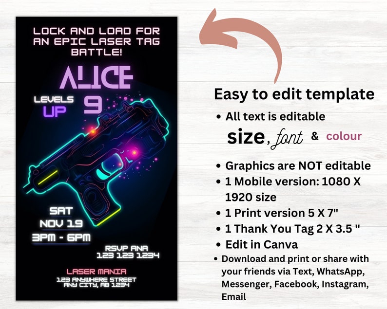 Neon Laser Tag Birthday Invitation: Editable Digital Download - Etsy
