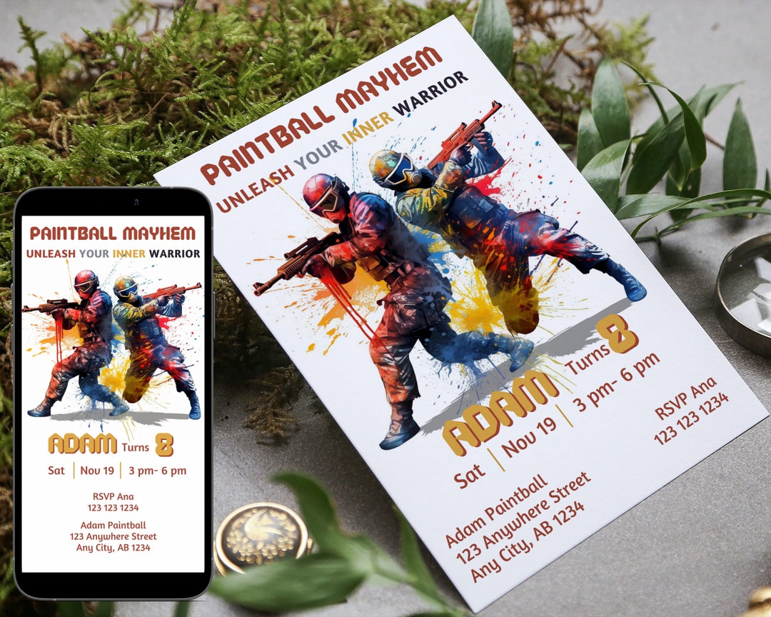 Paintball Birthday Invitation, Paint Ball Party Invite, Paintball Fun ...
