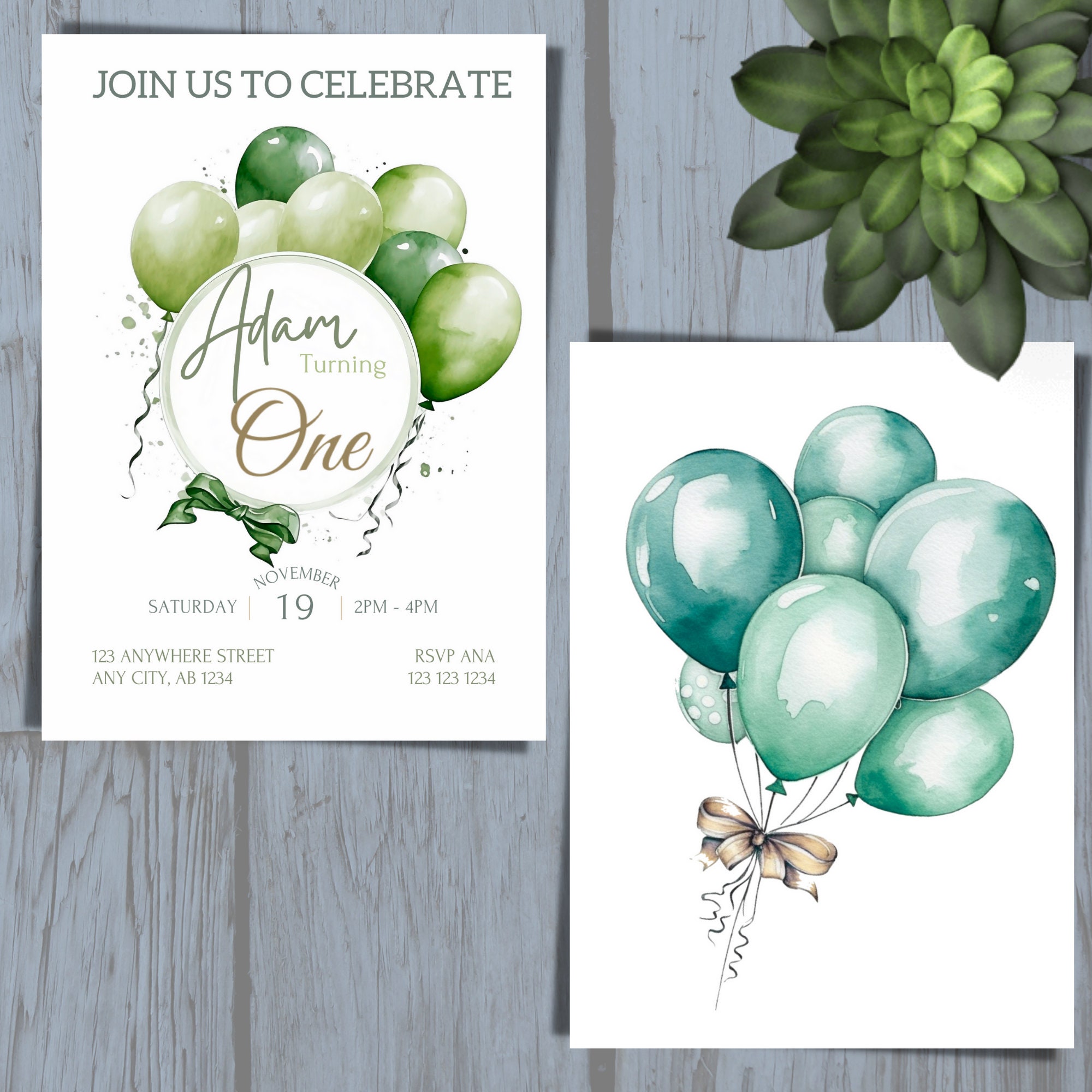 Green Birthday Invitation, Green Gold First Birthday Invite, Instant ...