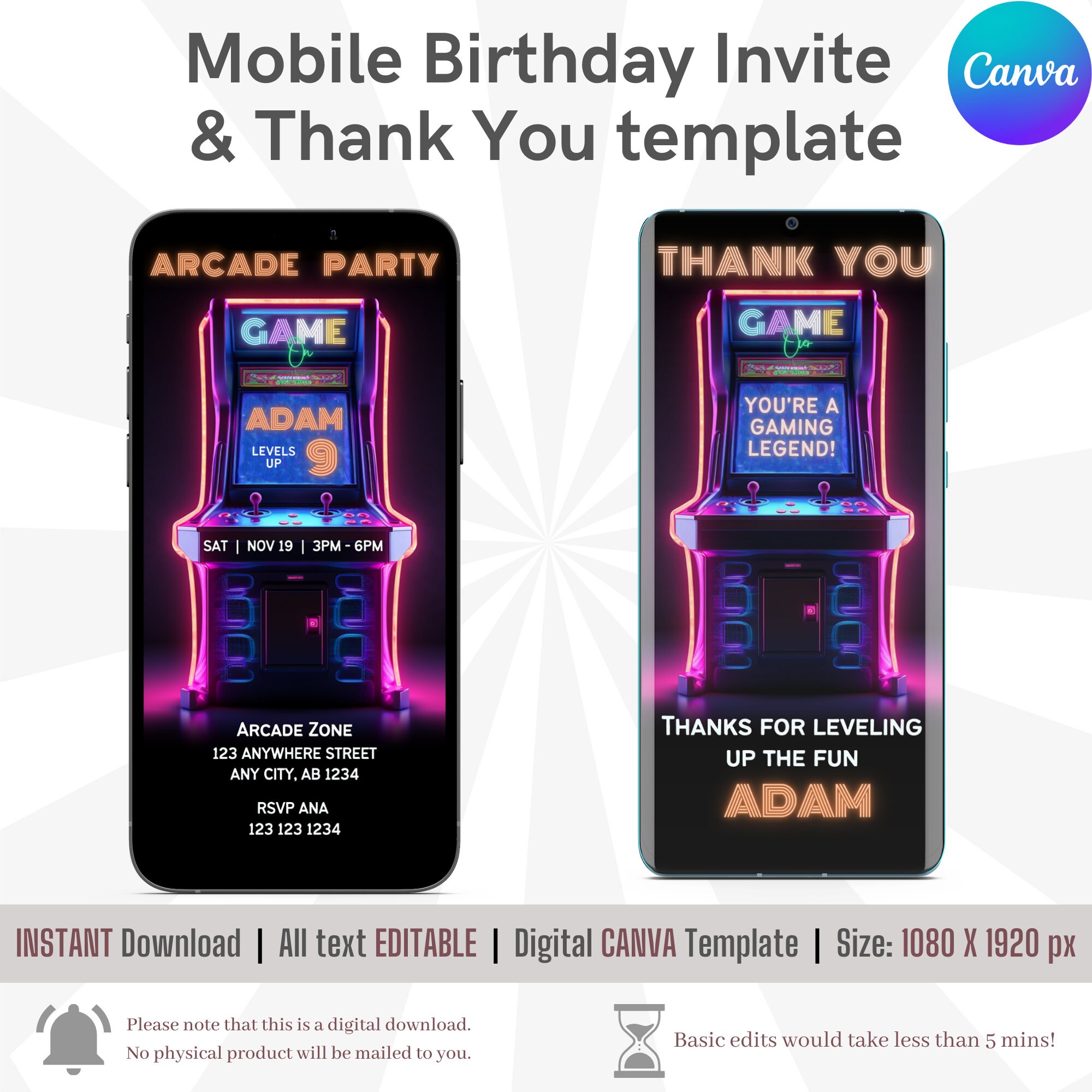 Mobile Arcade Birthday Party Invitation, Gaming Arcade Neon Glow Invite ...