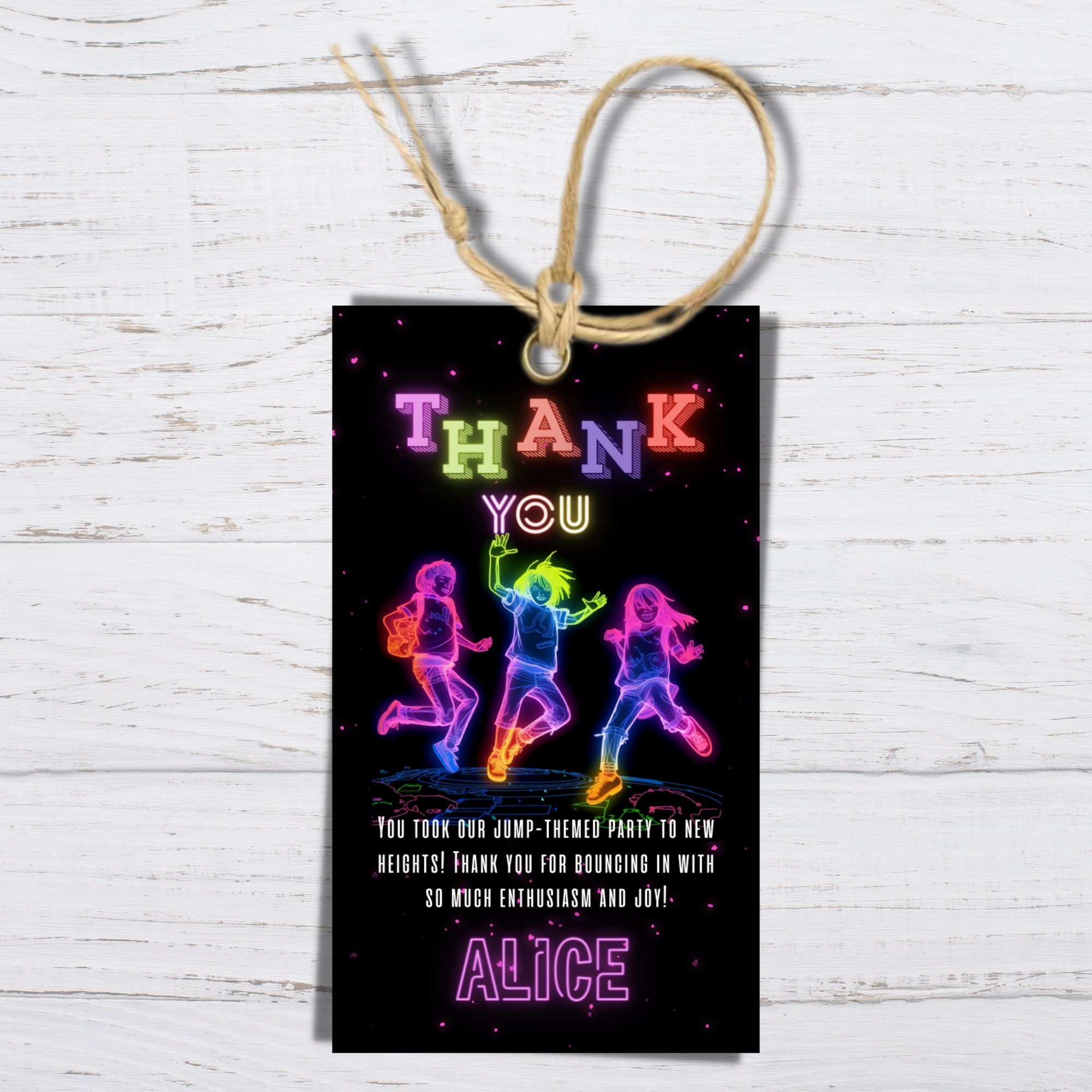Thank You Tag Jump Birthday Invitation, Trampoline Party Invite, Neon ...