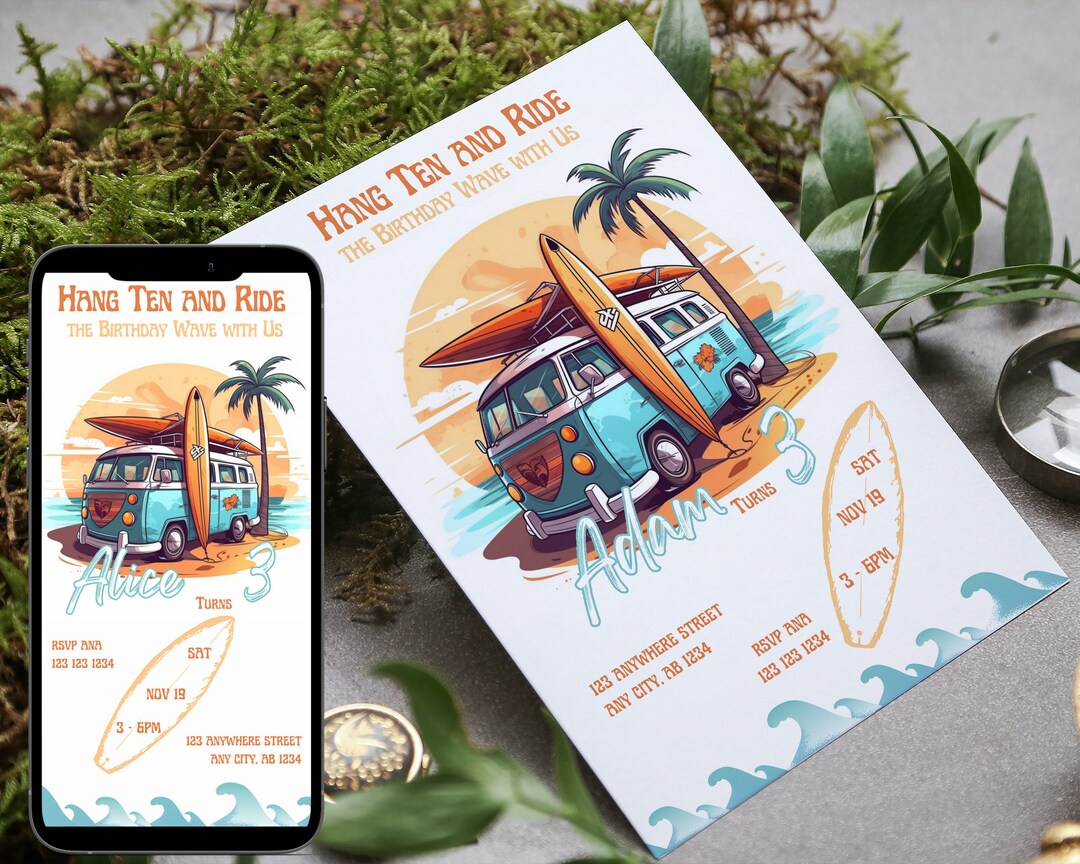 Surf Birthday Invitation: Van & Surfboard Party (digital Editable ...