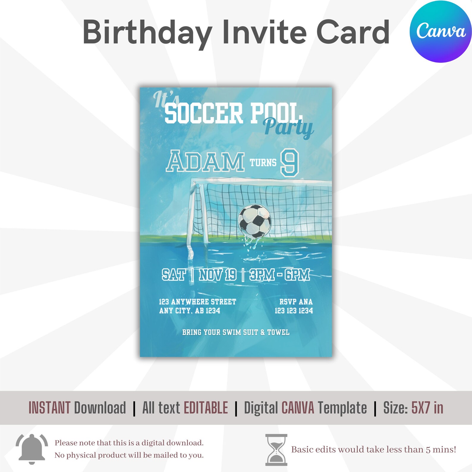 Soccer Pool Party Invitation: Editable Football Theme (digital Download ...