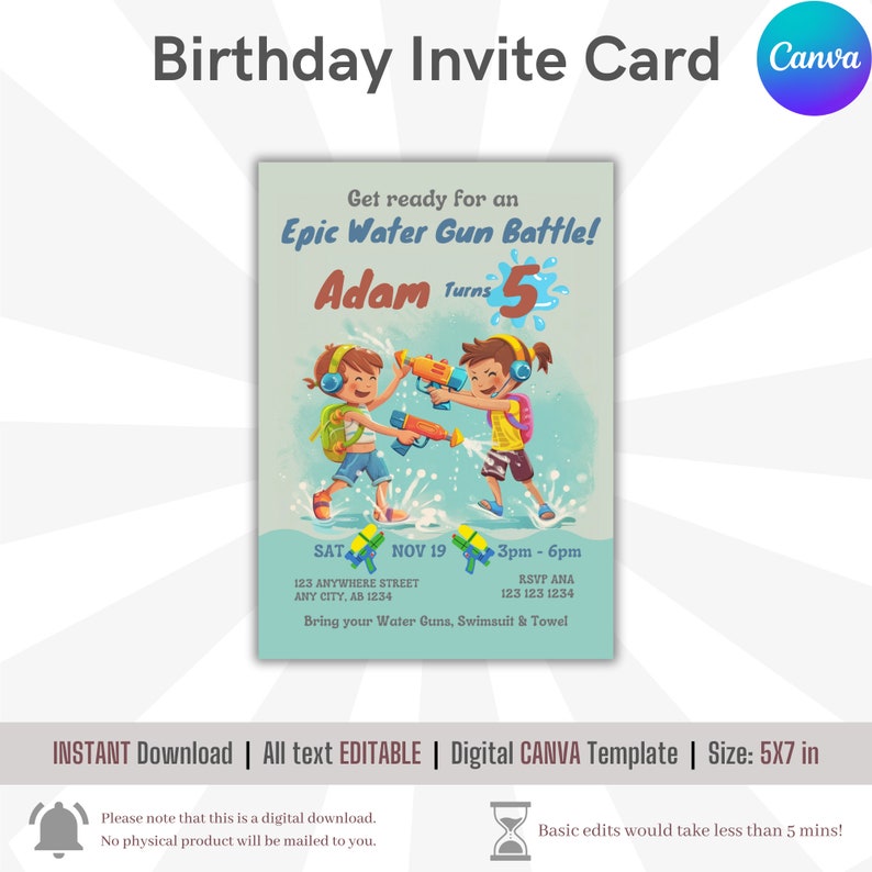 Water Gun Birthday Invitation, Pool Party, Editable Template (digital ...