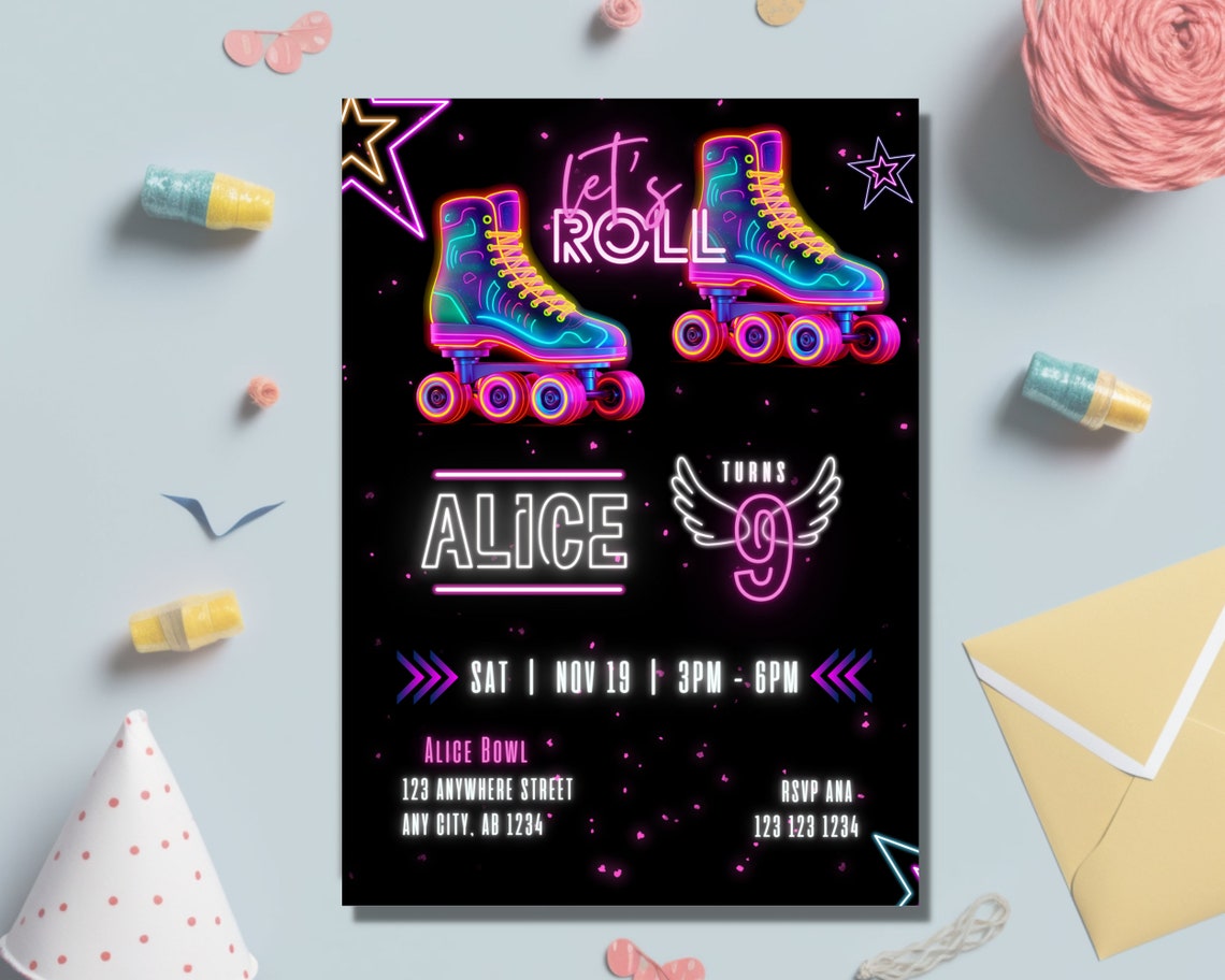 Roller Skating Birthday Invitation, Glow Skating Invite, Roller Skate ...