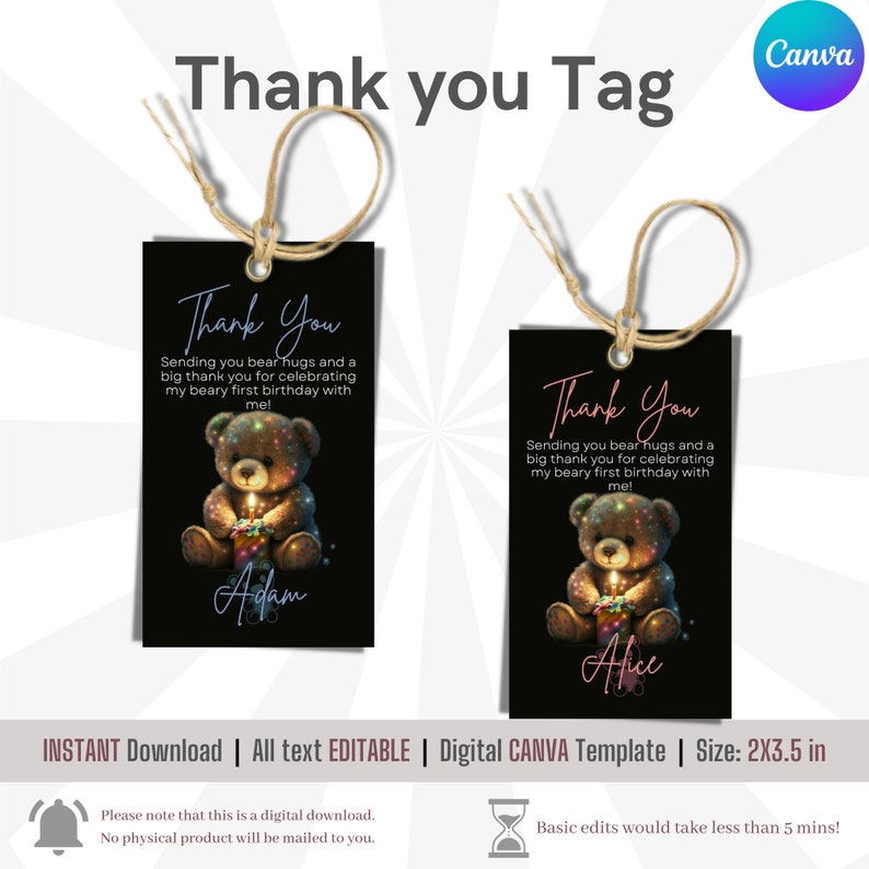 Thank You Tag Teddy Bear Birthday, Beary 1st Birthday Invite, Girl, Boy ...