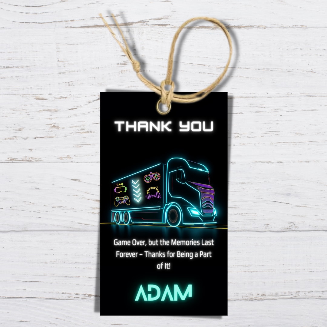 Thank You Tag Video Game Truck Birthday Invitation, Gamer Birthday ...