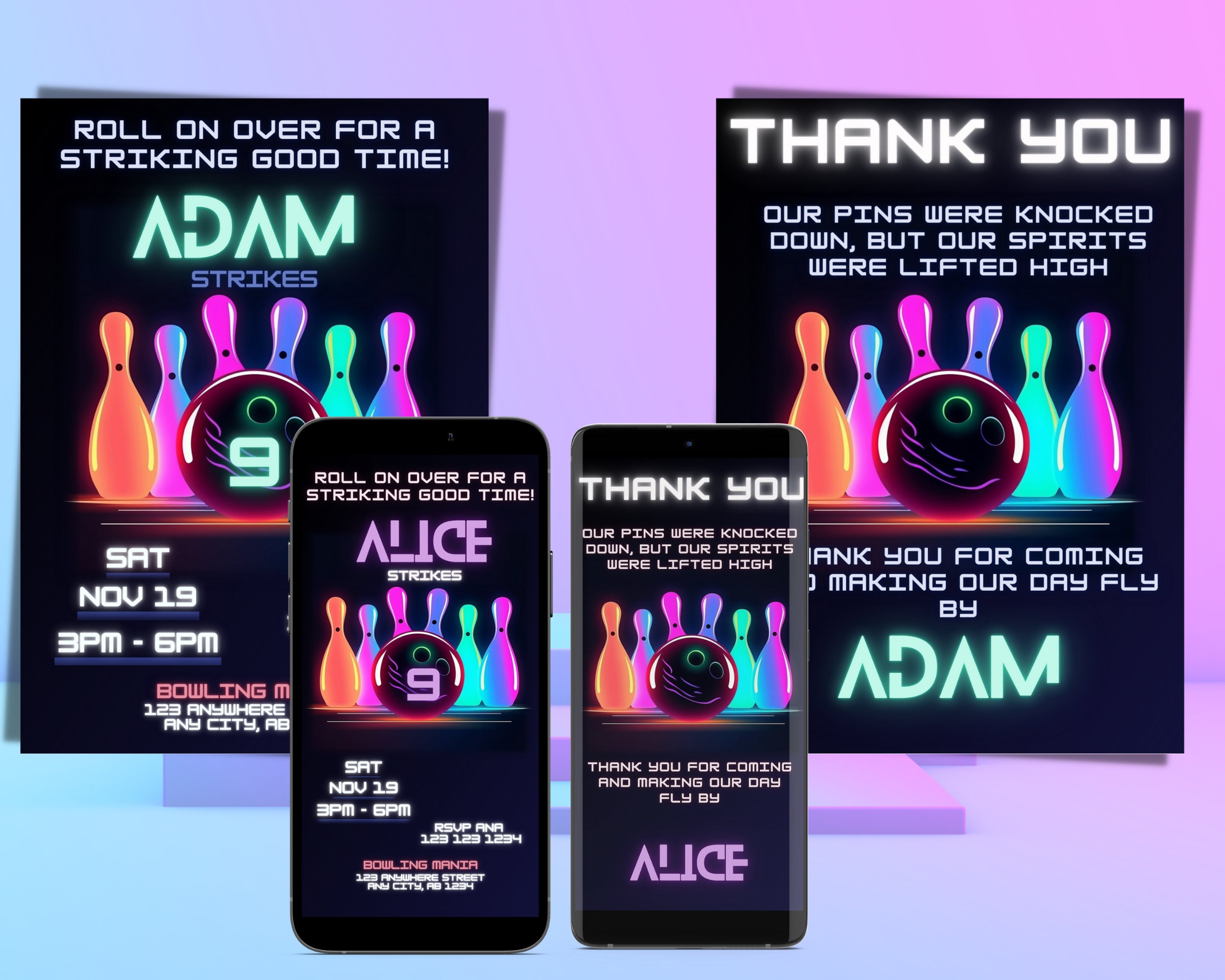 Neon Bowling Birthday Invitation: Editable Glow Party Invite (digital ...