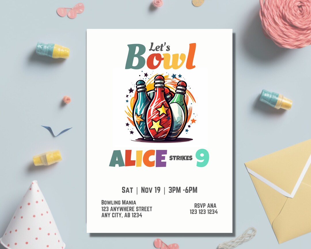 Editable Bowling Birthday Invitation, Colourful Bowling Invite, Let's ...