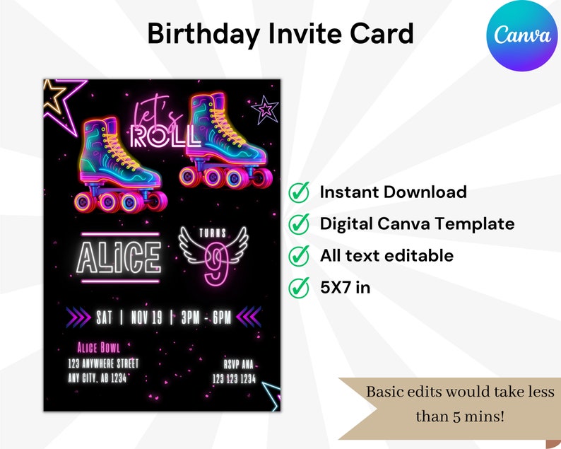 Roller Skating Birthday Invitation, Glow Skating Invite, Roller Skate ...