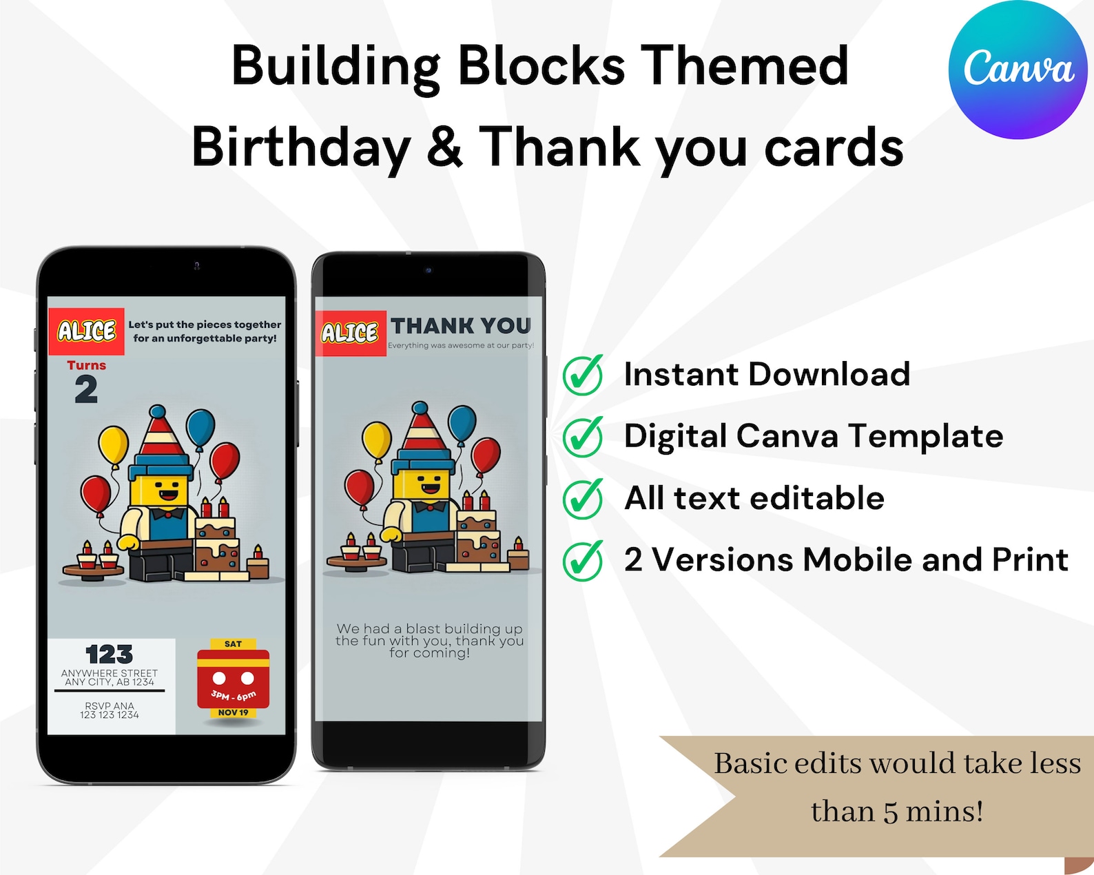 Building Blocks Birthday Invitation: Brick Theme, Editable Template ...