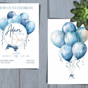 Blue Balloon Invitation, Balloons First Birthday Invite, Minimalist ...