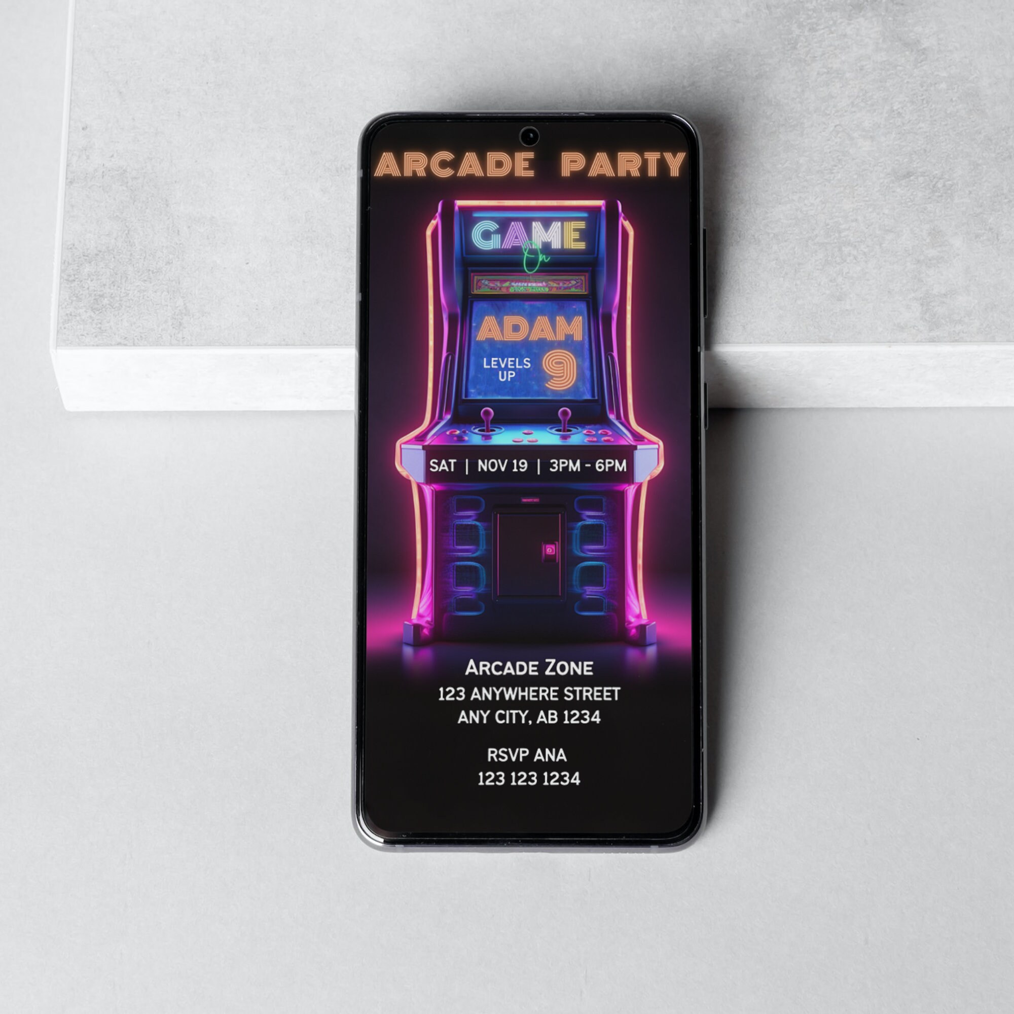 Mobile Arcade Birthday Party Invitation, Gaming Arcade Neon Glow Invite ...