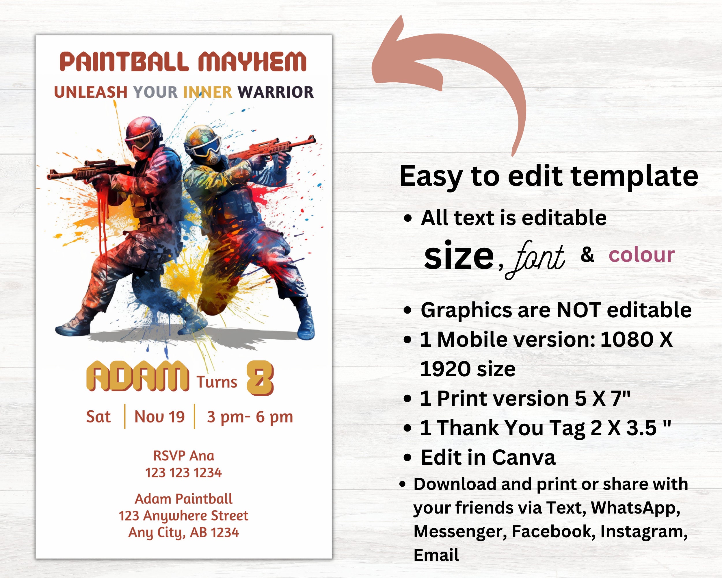 Paintball Birthday Invitation, Paint Ball Party Invite, Paintball Fun ...