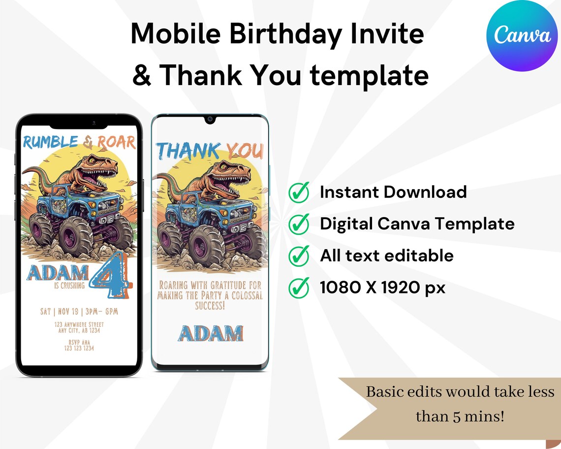 Mobile Editable T Rex Dinosaur Monster Truck Birthday Party - Etsy