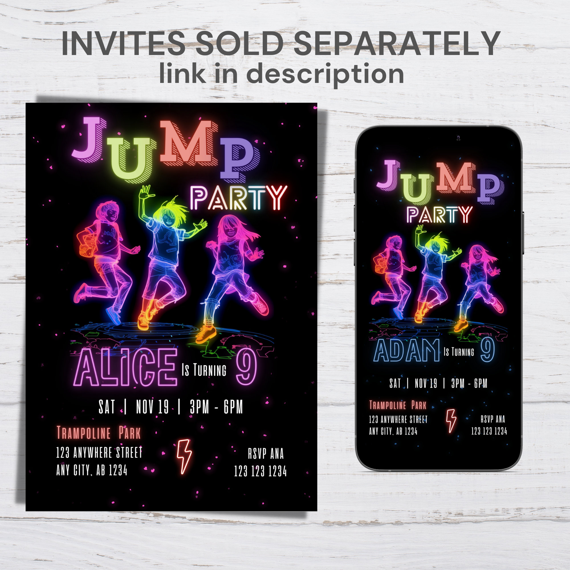 Thank You Tag Jump Birthday Invitation, Trampoline Party Invite, Neon ...